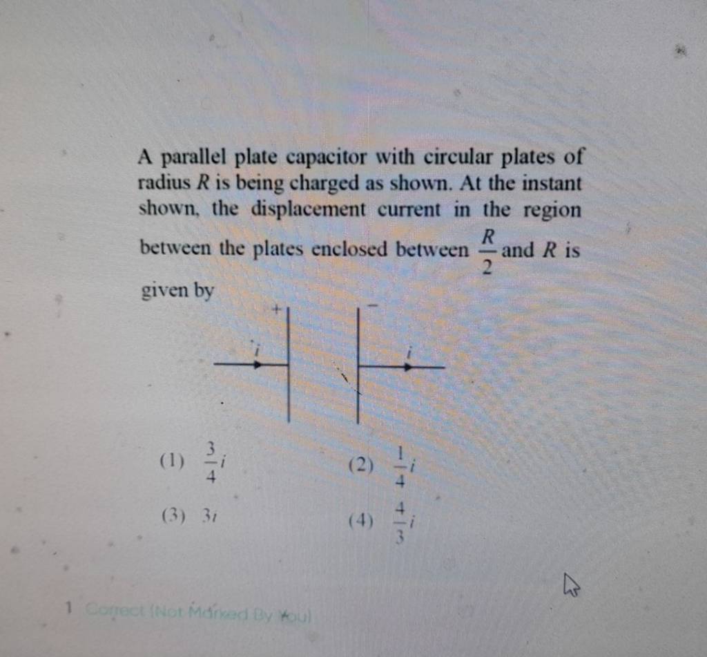 A parallel plate capacitor with circular plates of radius R is being char..