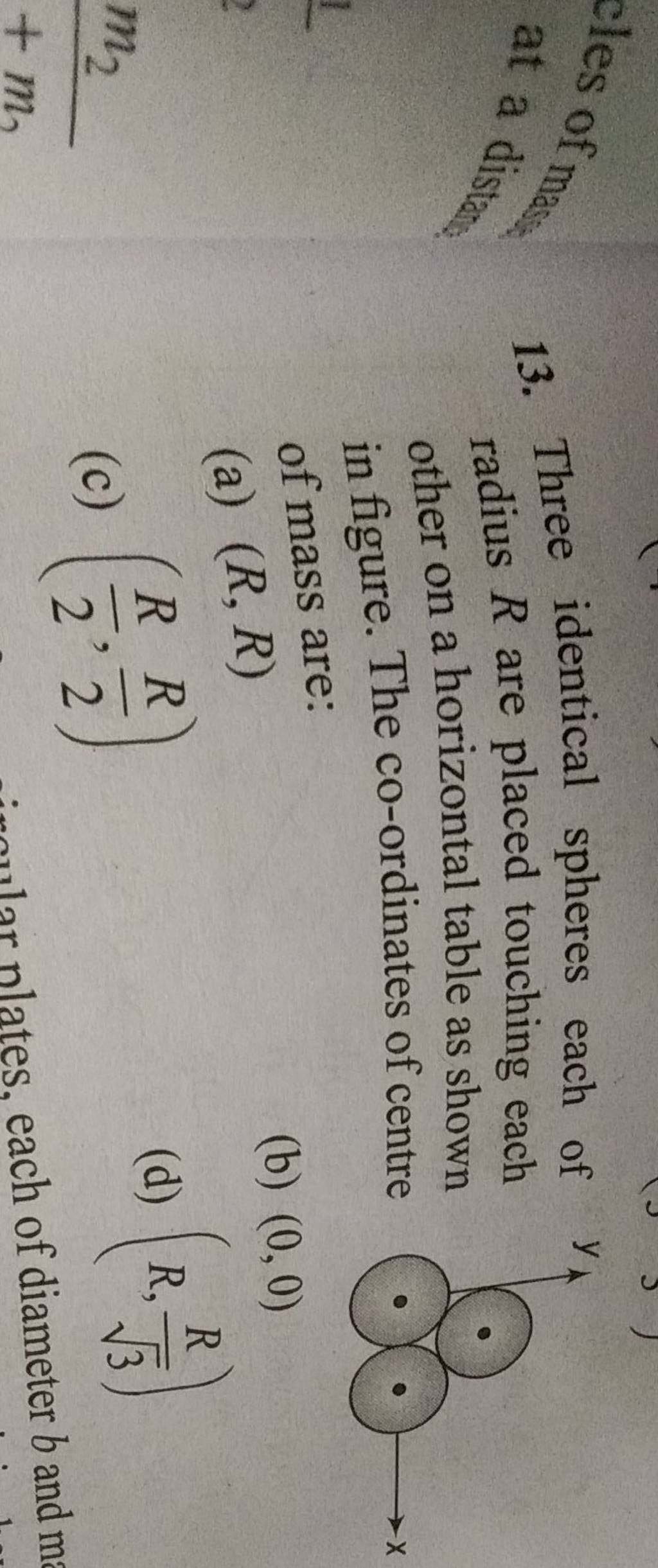 Three identical spheres each of radius R are placed touching each other o..