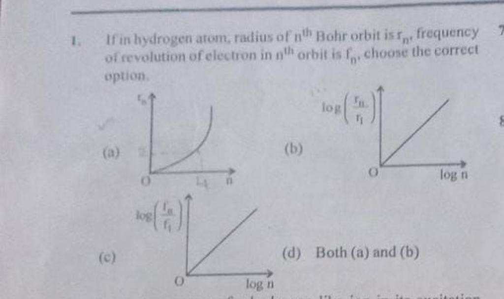 1 If In Hydrogen Atom Radius Of Nth Bohr Orbit Is Rn Frequency Of Rev