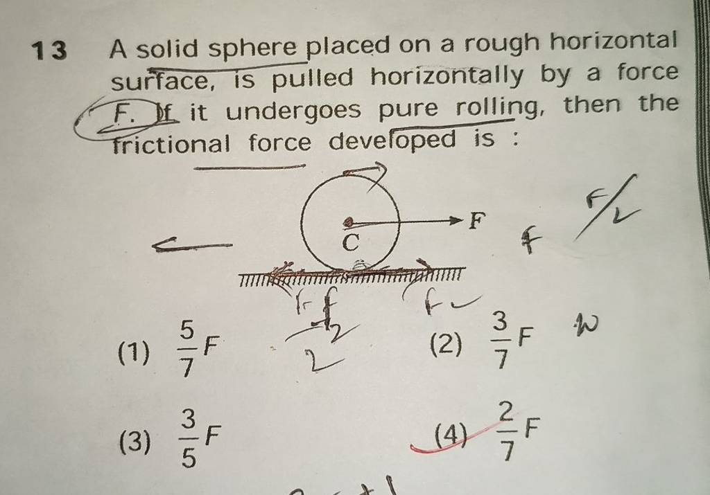 13 A solid sphere placed on a rough horizontal surface, is pulled horizon..