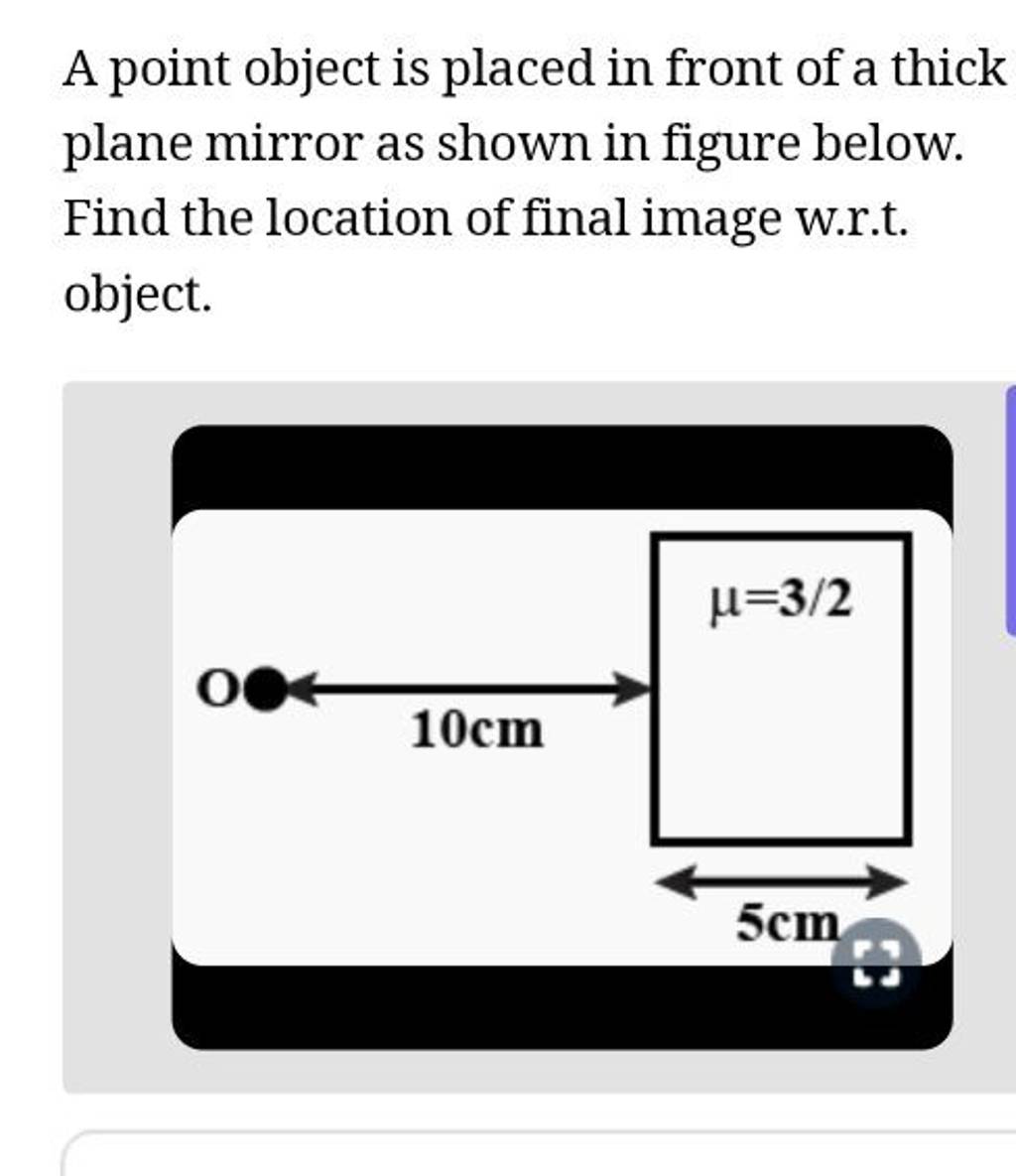A point object is placed in front of a thick plane mirror as shown in fig.. A point object is placed in front of a thick plane mirror as shown in fig..