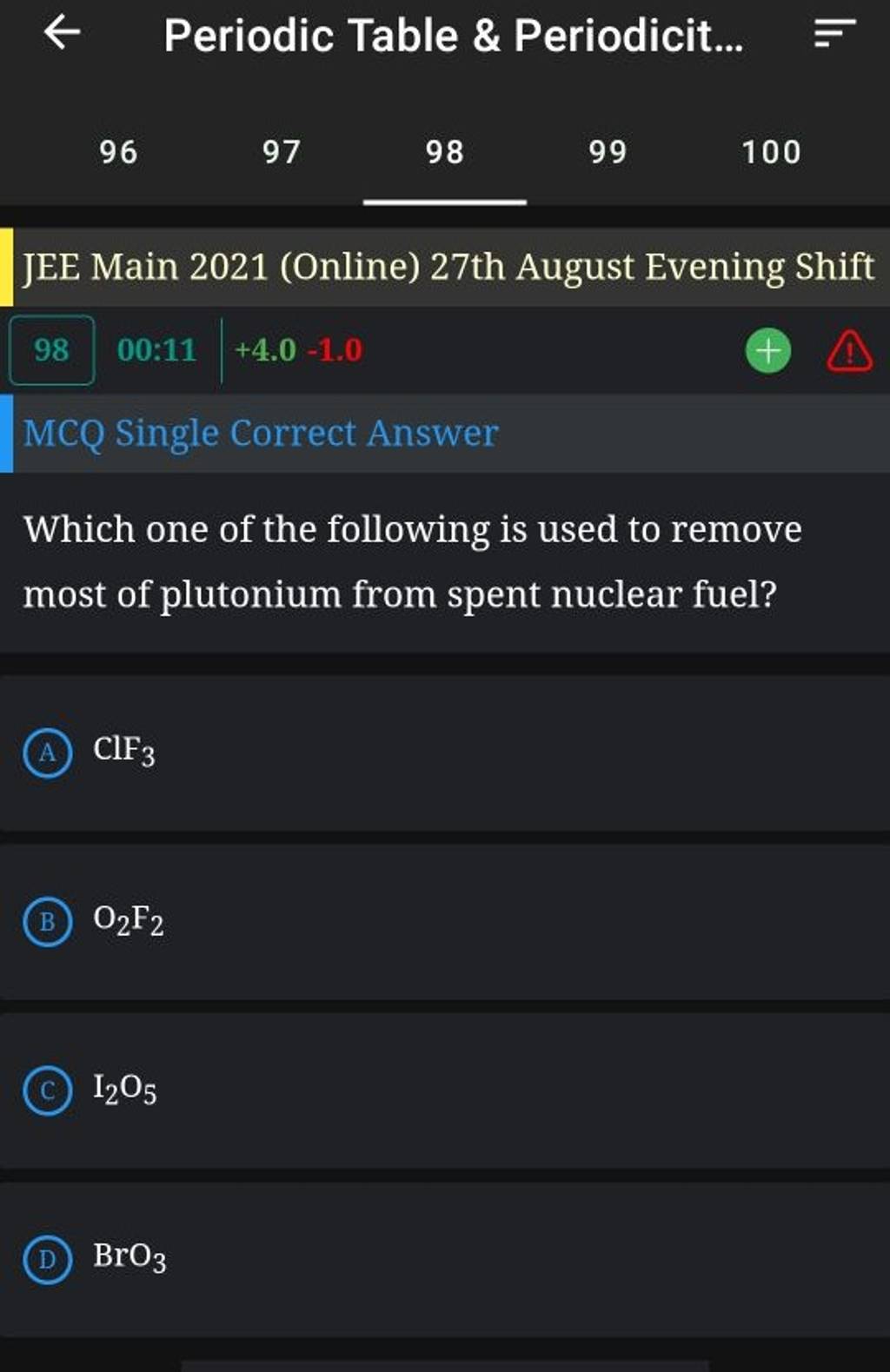 ← Periodic Table \& Periodicit... ≡ 969798 100 JEE Main 2021 (Online) 27t..