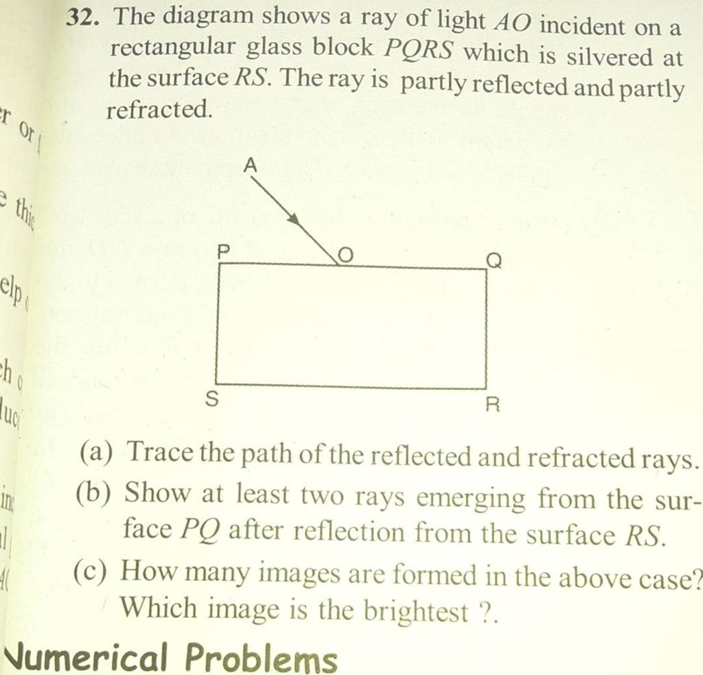 32. The diagram shows a ray of light AO incident on a rectangular glass b..