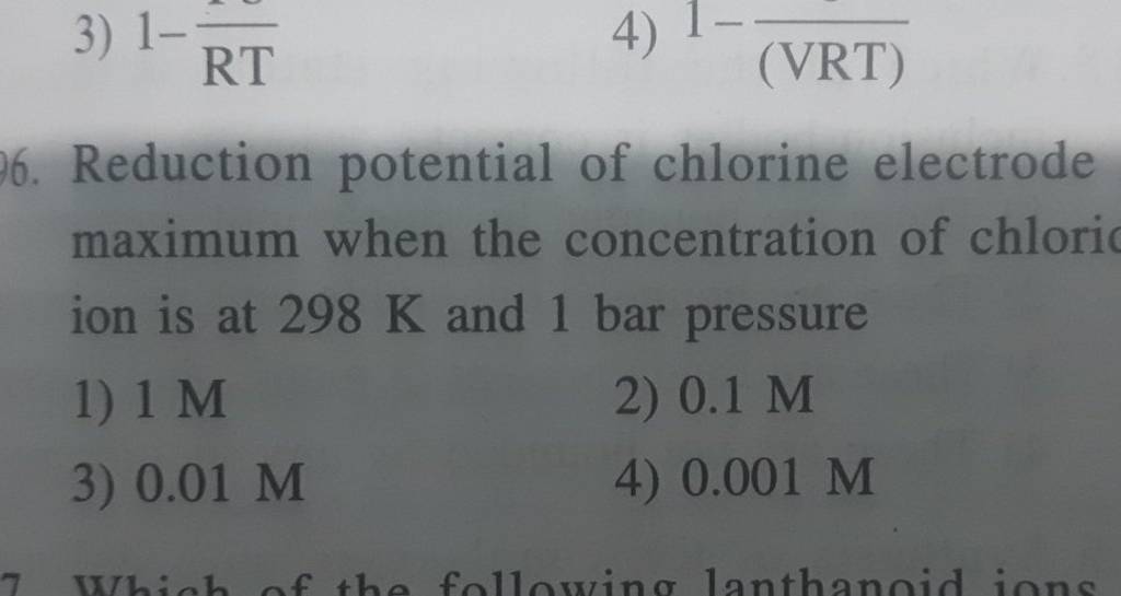 Reduction potential of chlorine electrode maximum when the concentration