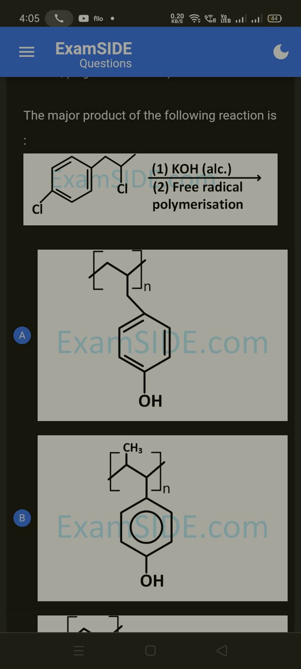 4:05 (6) filo • ≡ ExamSIDE The major product of the following reaction is..