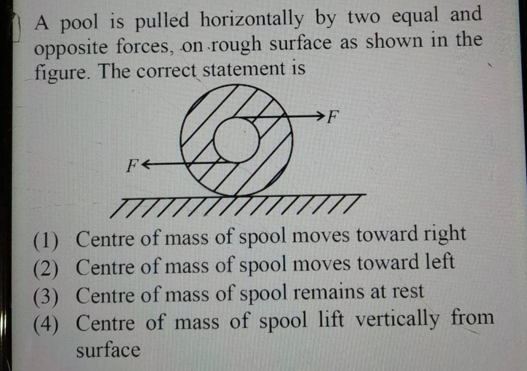 A pool is pulled horizontally by two equal and opposite forces, on rough