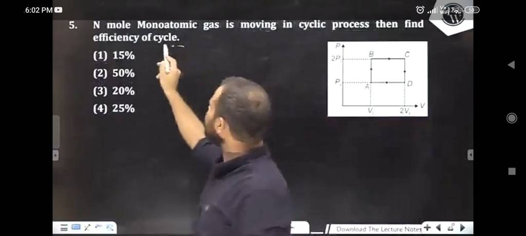 N mole Monoatomic gas is moving in cyclic process then find efíciency of