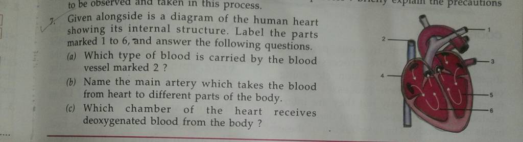 7. Given alongside is a diagram of the human heart showing its internal s..