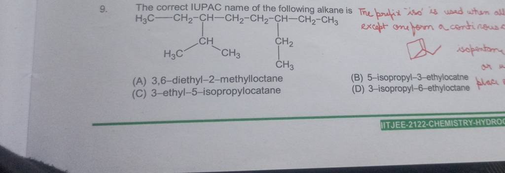 The correct IUPAC name of the following alkane is The prefic ' iso' is us..