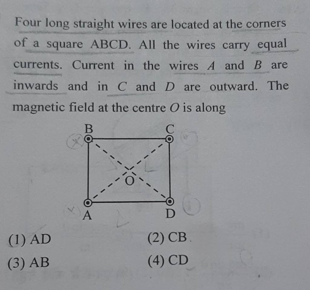 Four long straight wires are located at the corners of a square ABCD. All..