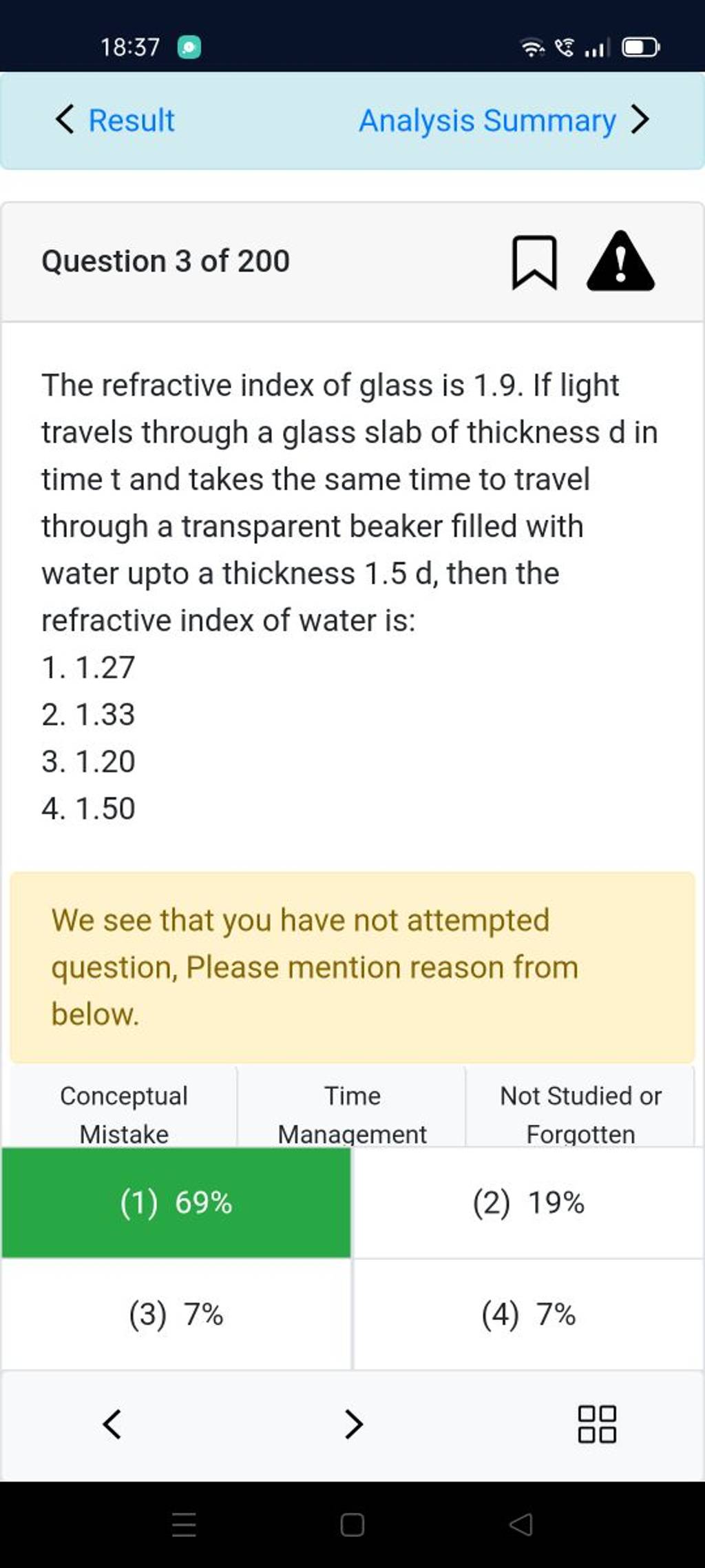 Question 3 of 200 The refractive index of glass is 1.9. If light travels..