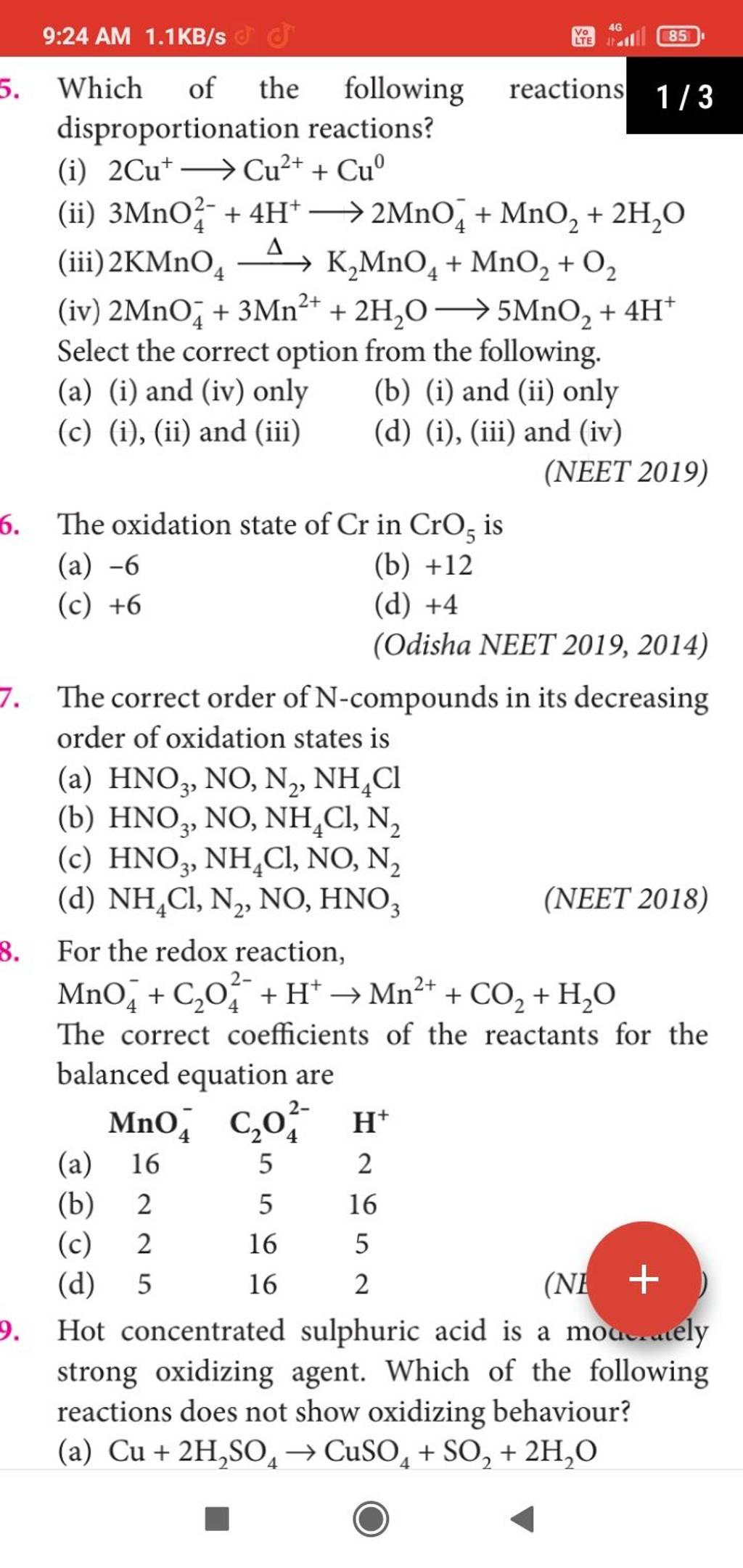 (NEET 2018) 8. For the redox reaction, MnO4− +C2 O42− +H+→Mn2++CO2 +H2 O