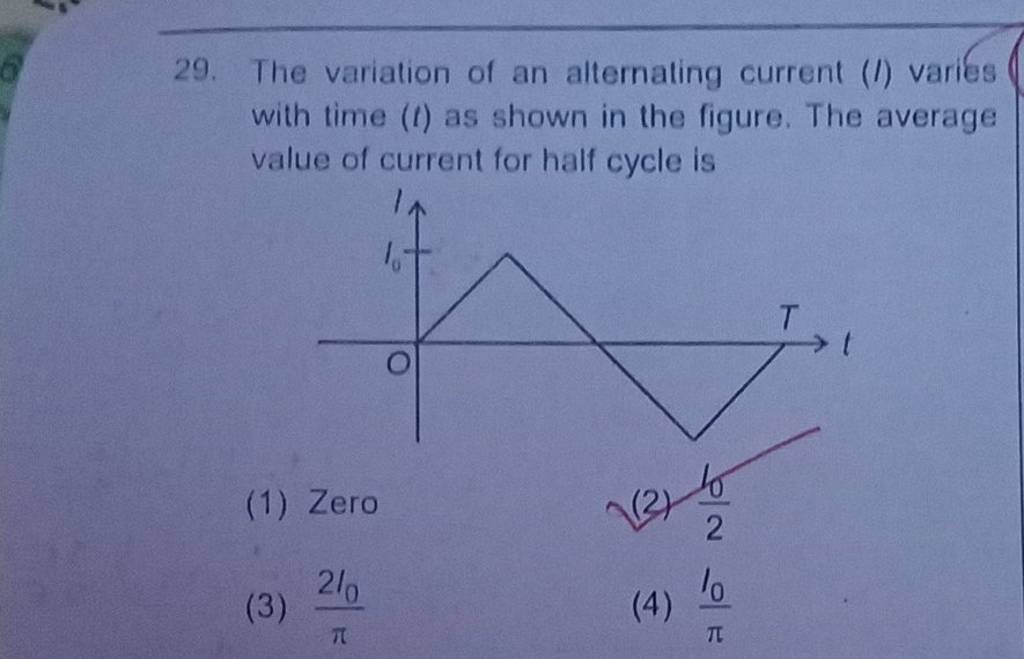 The variation of an alternating current (I) varies with time (t) as shown..