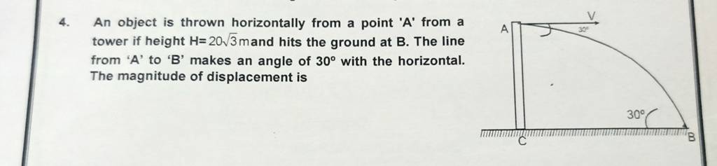 4. An object is thrown horizontally from a point 'A' from a tower if heig..