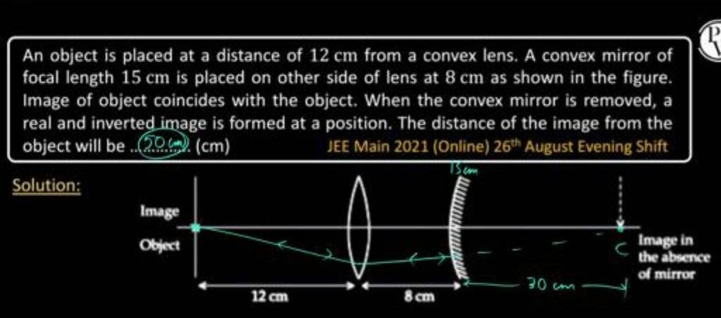 An object is placed at a distance of 12 cm from a convex lens. A convex m..
