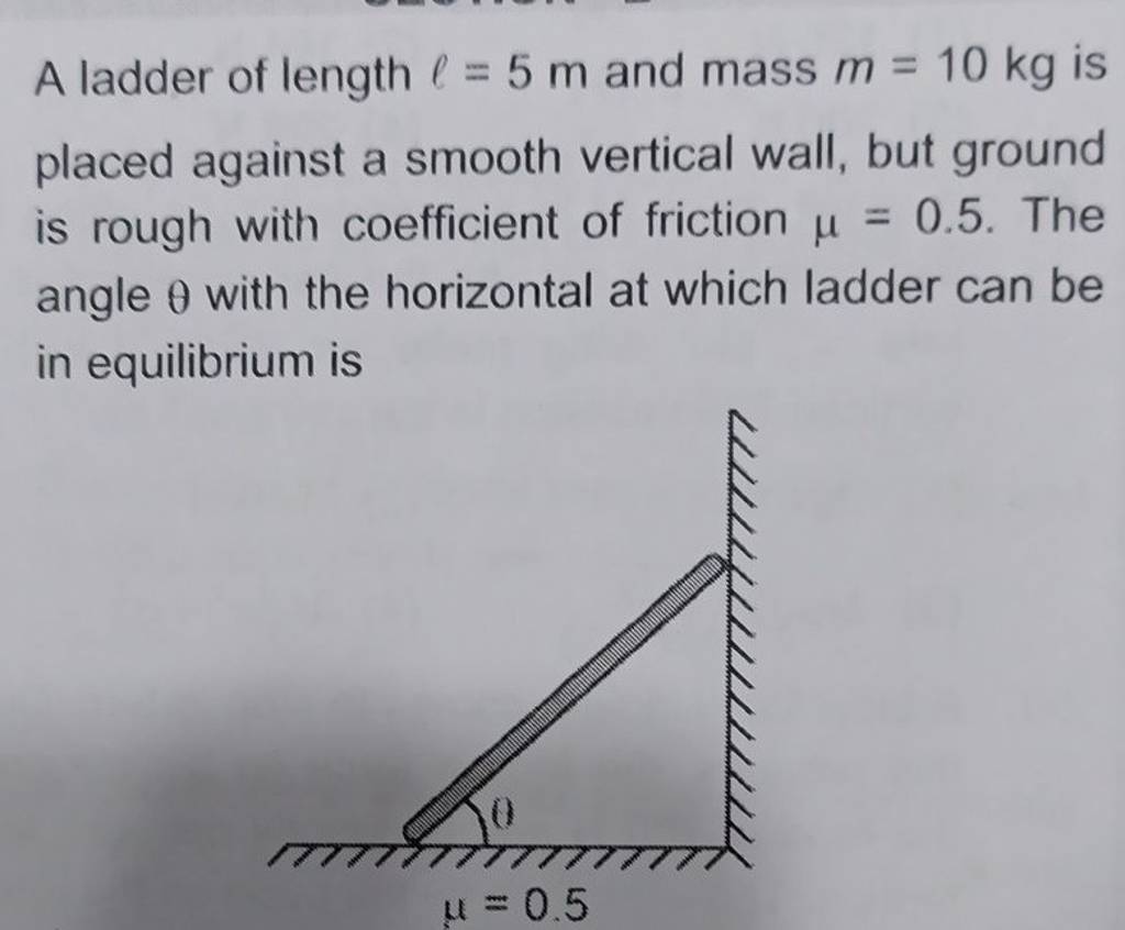 A ladder of length ℓ=5 m and mass m=10 kg is placed against a smooth vert..