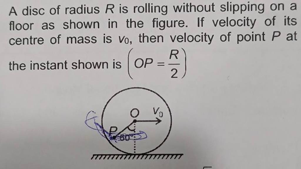 A disc of radius R is rolling without slipping on a floor as shown in the..