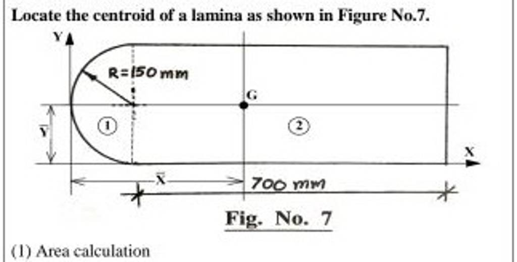 Locate the centroid of a lamina as shown in Figure No.7. (1) Area calcula..