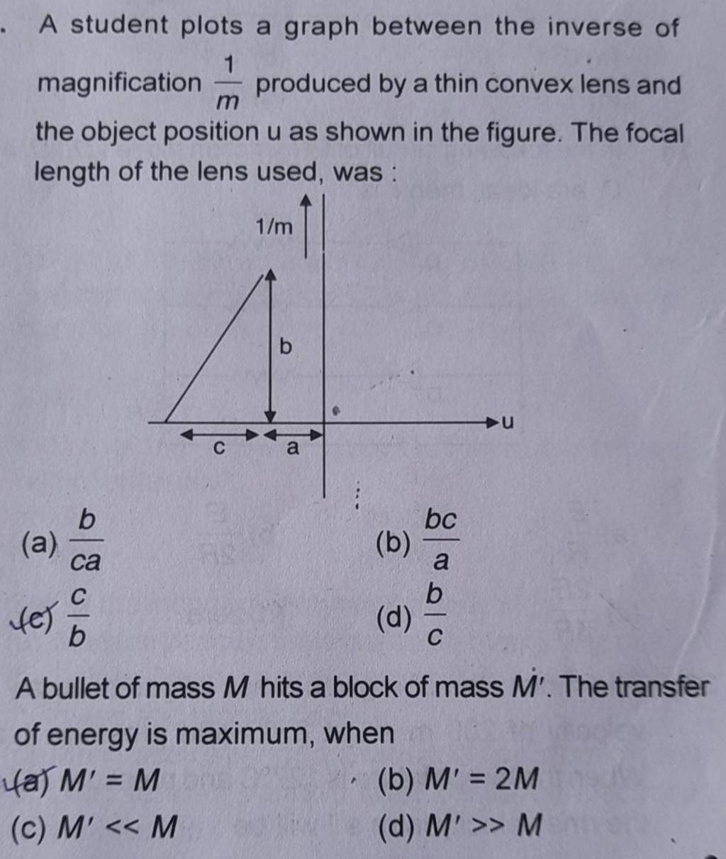 A student plots a graph between the inverse of magnification m1 produced..