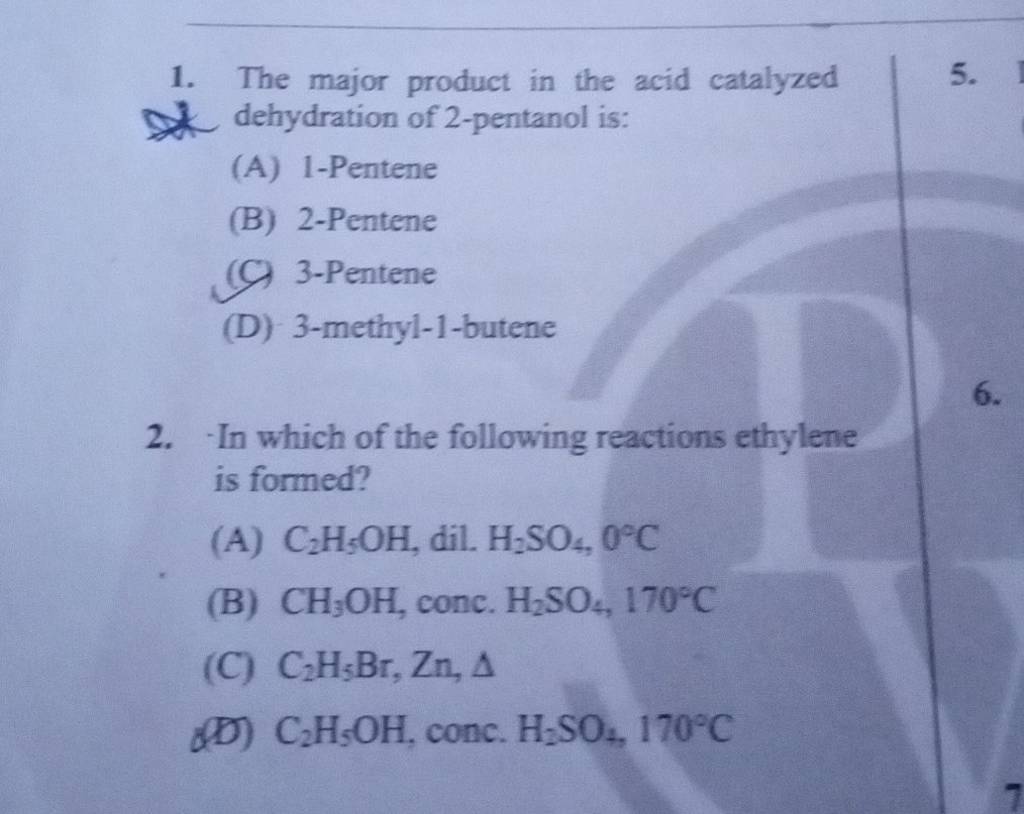 The major product in the acid catalyzed \& dehydration of 2 -pentanol is:..