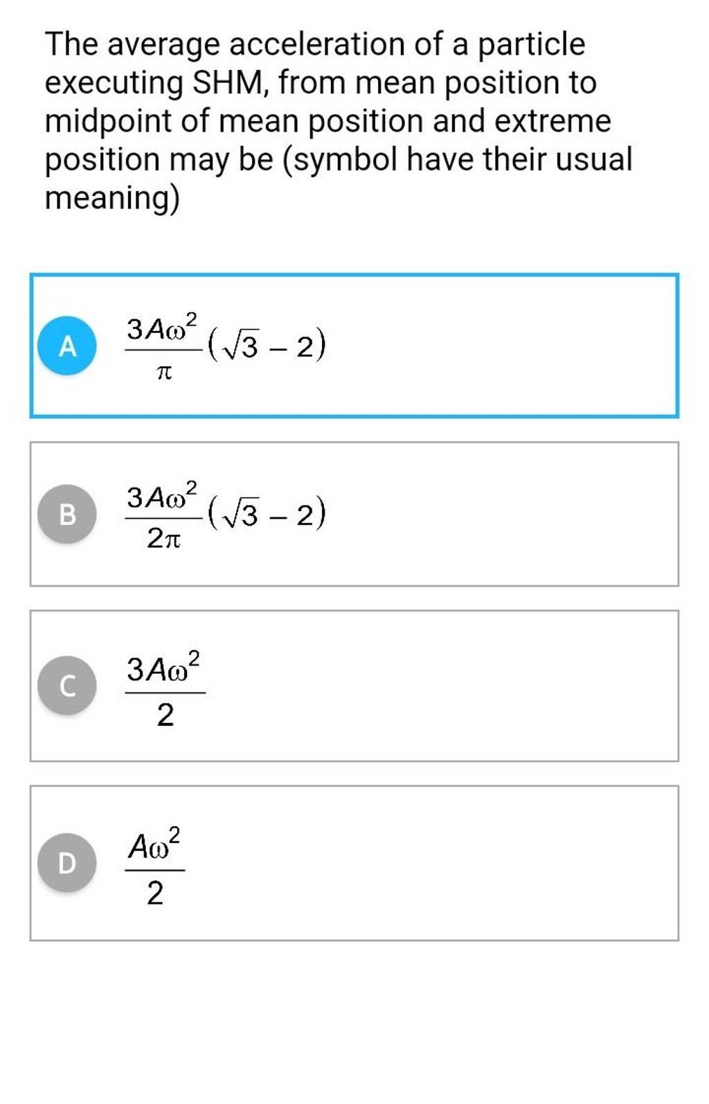 The average acceleration of a particle executing SHM, from mean position