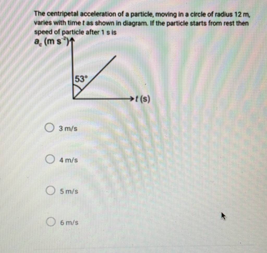 The centripetal acceleration of a particle, moving in a circle of radius
