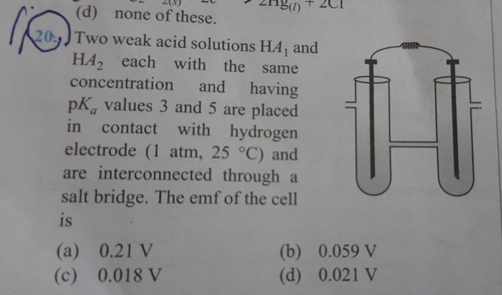 Two weak acid solutions HA1 and HA2 each with the same concentration an..