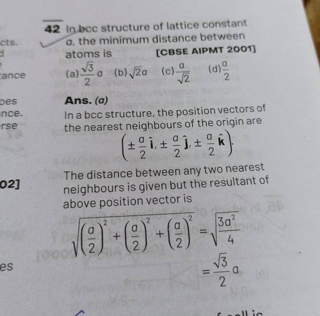 42 In Bcc Structure Of Lattice Constant A The Minimum Distance Between A