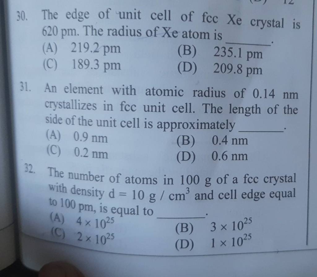 An element with atomic radius of 0.14 nm crystallizes in fcc unit cell. T..