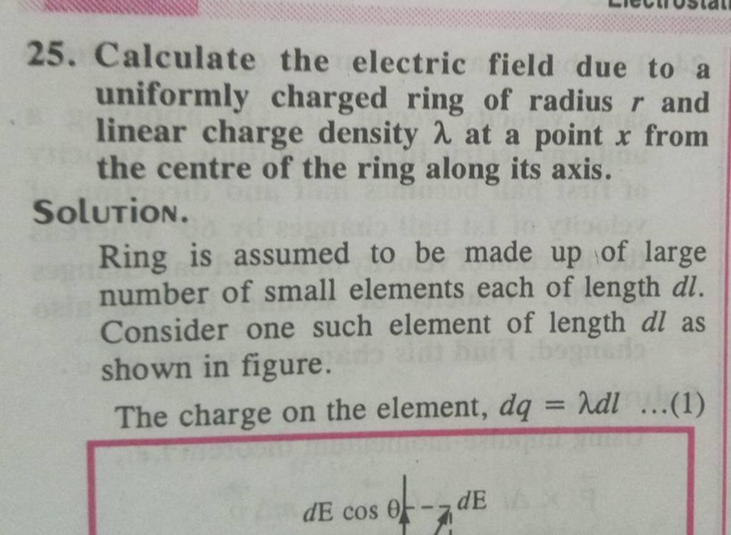 25. Calculate the electric field due to a uniformly charged ring of radiu..