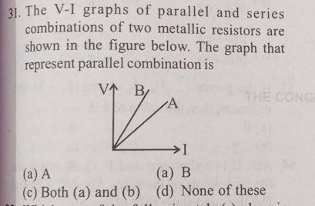 31. The V-I graphs of parallel and series combinations of two metallic re..