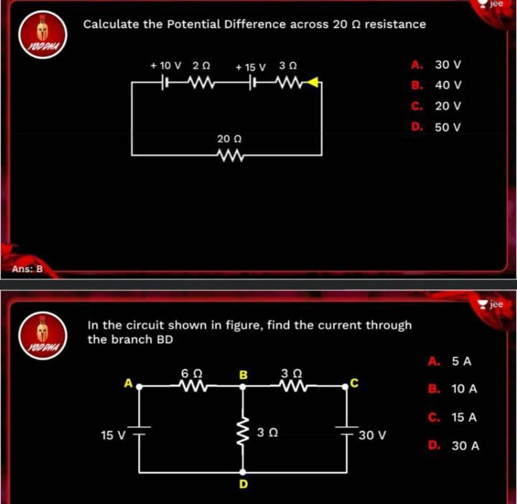 Calculate the Potential Difference across 20Ω resistance | Filo
