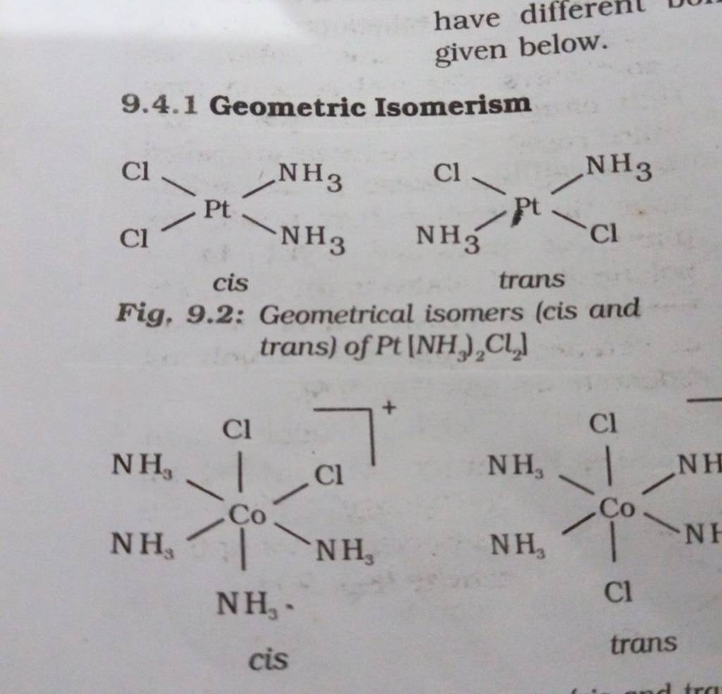 9.4.1 Geometric Isomerism Fig, 9.2: Geometrical isomers (cis and trans) o..