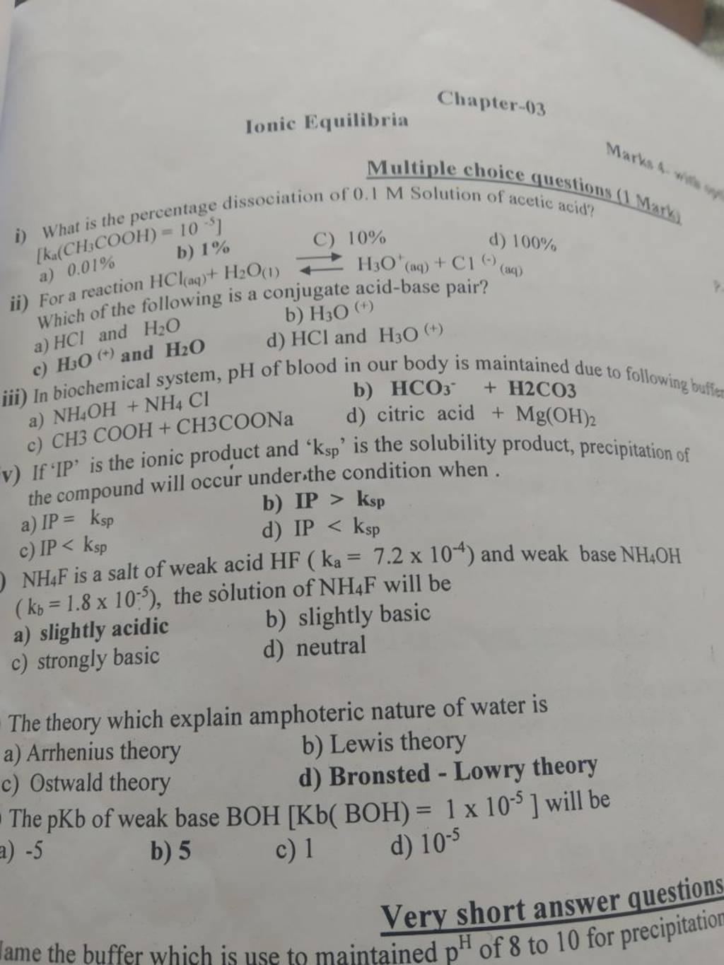 Chapter-03 Ionic Equilibria Multiple choice question Mark: 4. witu on 4