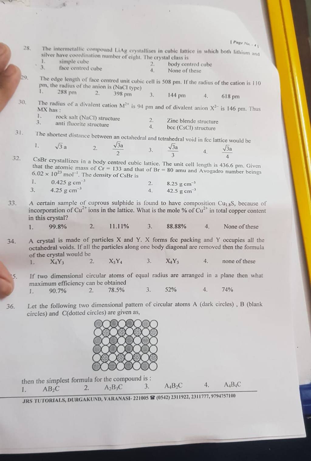 CsBr crystallizes in a body centred cubic lattice. The unit cell length i..