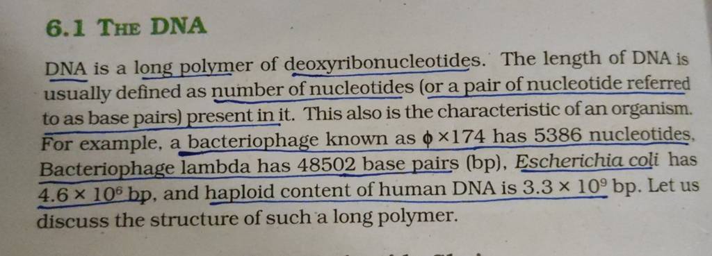 6.1 THE DNA DNA is a long polymer of deoxyribonucleotides. The length of