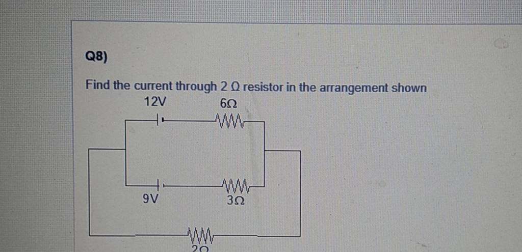 Q8) Find the current through 2Ω resistor in the arrangement shown | Filo