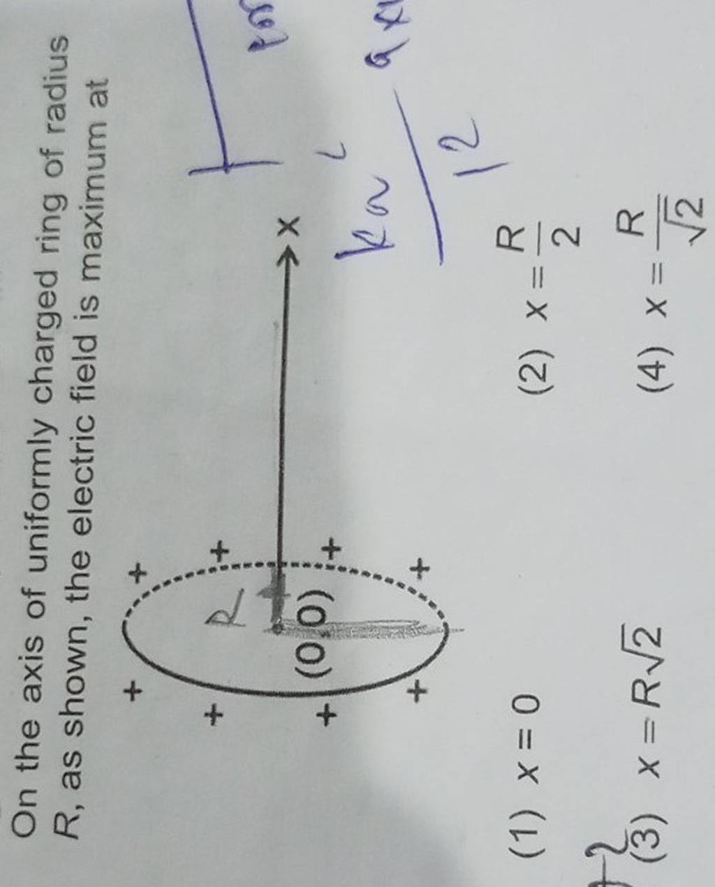 On the axis of uniformly charged ring of radius R, as shown, the electric..