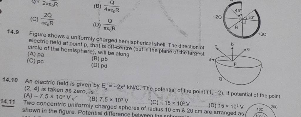 14.9 Figure shows a uniformly charged hemispherical shell. The direction