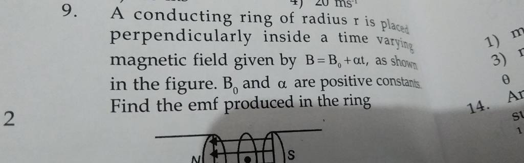 9. A conducting ring of radius r is placed perpendicularly inside a time