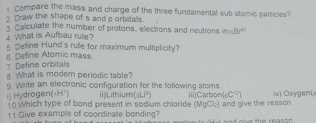 Compare the mass and charge of the three fundamental sub atomic particles..