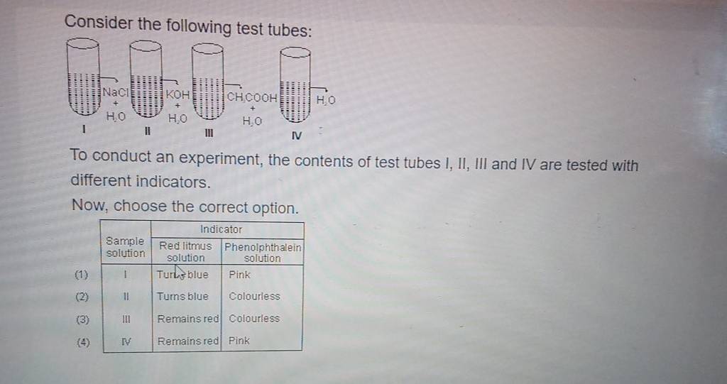 Consider the following test tubes: To conduct an experiment, the contents..