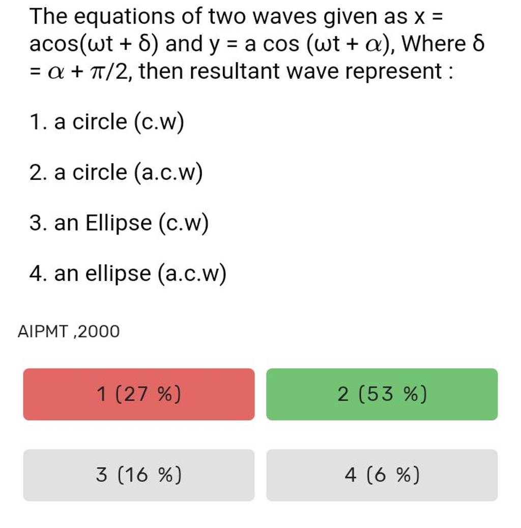 The equations of two waves given as x= acos(ωt+δ) and y=acos(ωt+α), Where..