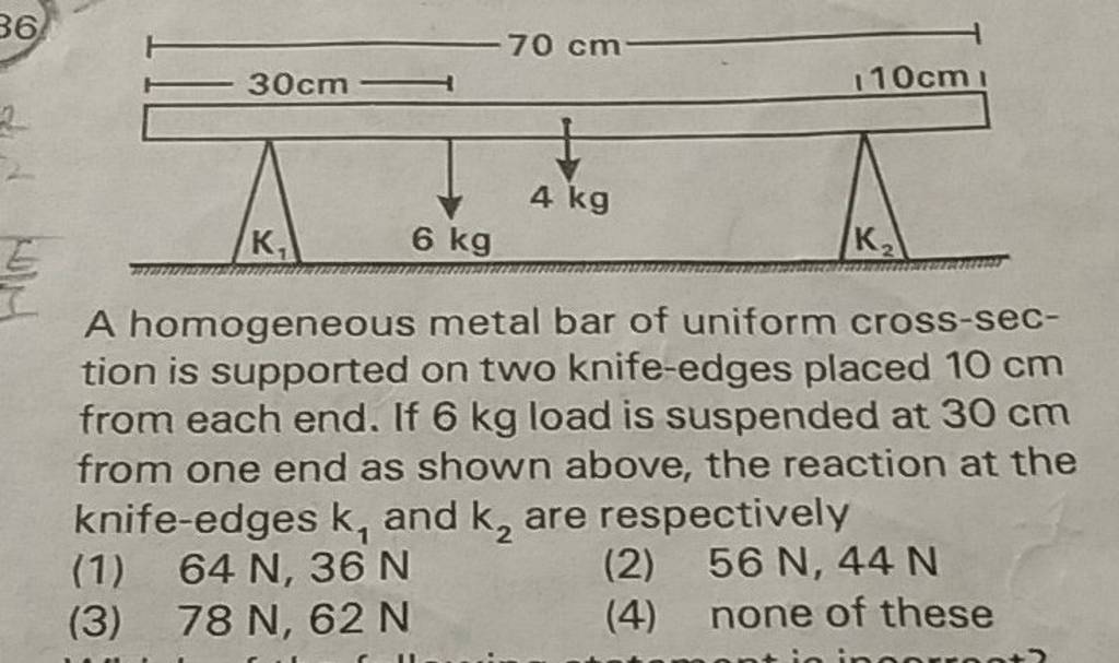A homogeneous metal bar of uniform cross-section is supported on two knif..