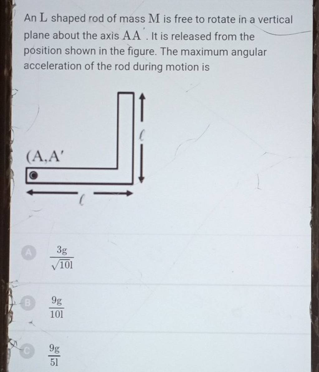 An L shaped rod of mass M is free to rotate in a vertical plane about the..