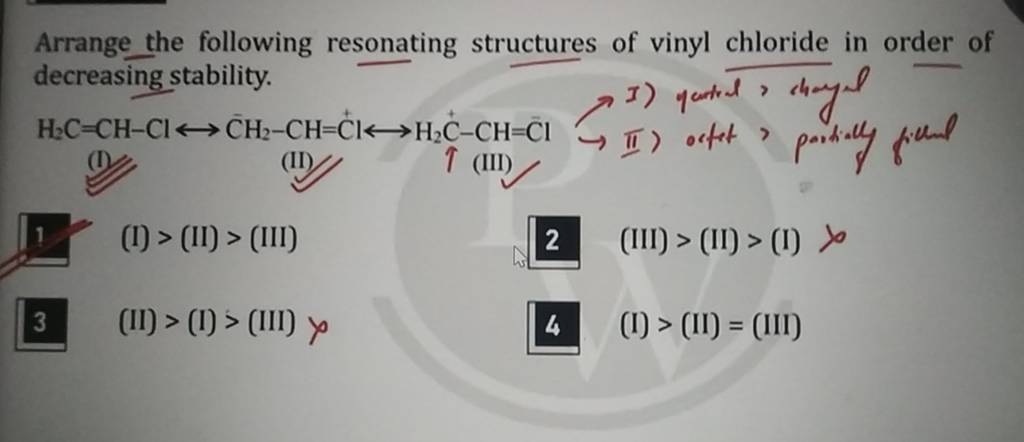 Arrange the following resonating structures of vinyl chloride in order of..