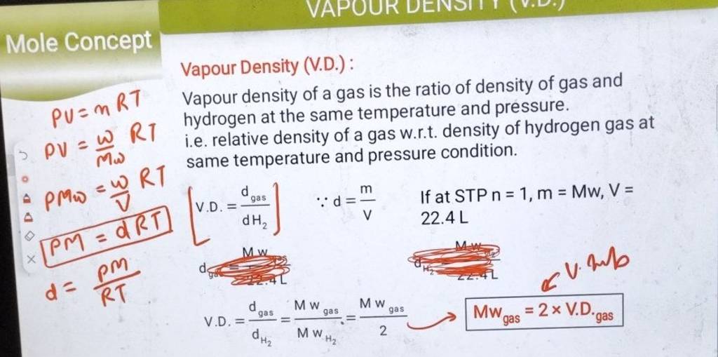 Mole Concept Vapour Density (V.D.) : PU=mRT Vapour density of a gas is th..
