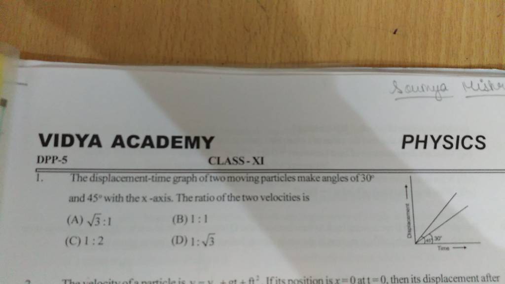 VIDYA ACADEMY PHYSICS DPP-5 CLASS-XI 1. The displacement-time graph of tw..