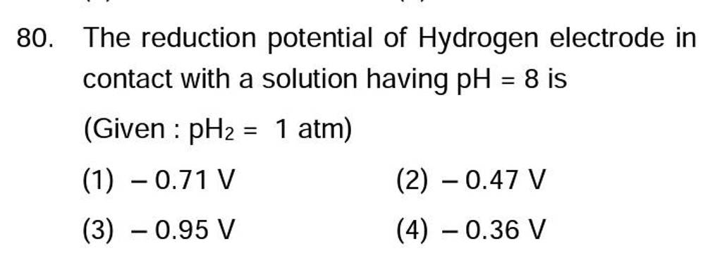 The reduction potential of Hydrogen electrode in contact with a solution