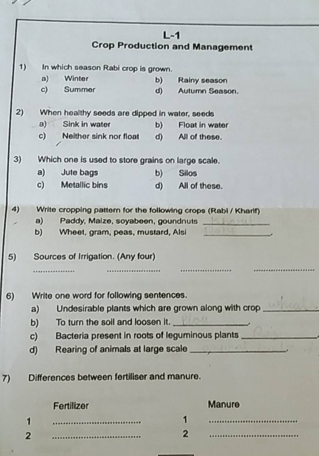 Write cropping pattern for the following crops (Rabi/ Kharif) | Filo